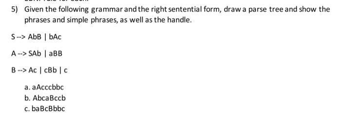 Solved 5) Given the following grammar and the right | Chegg.com