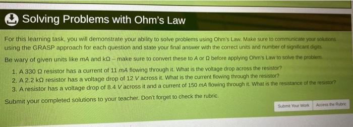 Solved Solving Problems with Ohm's Law For this learning | Chegg.com
