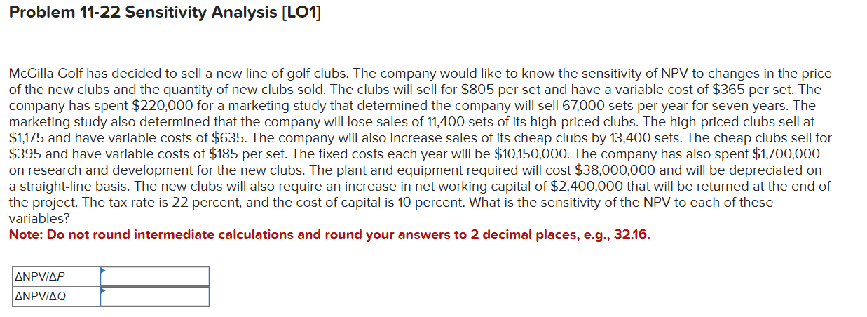 Solved Problem 11-22 ﻿Sensitivity Analysis [LO1] ﻿McGilla | Chegg.com