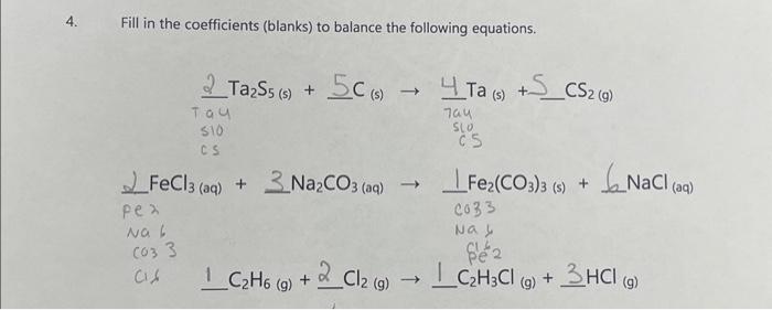 Solved Fill in the coefficients (blanks) to balance the | Chegg.com
