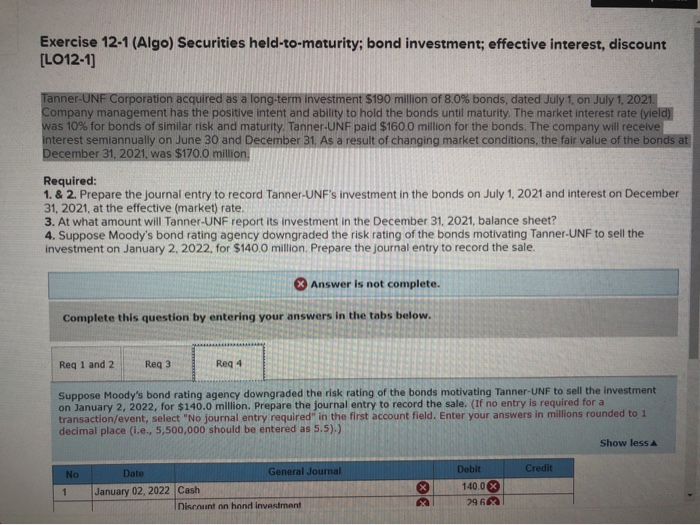 Solved Exercise 12-1 (Algo) Securities held-to-maturity; | Chegg.com