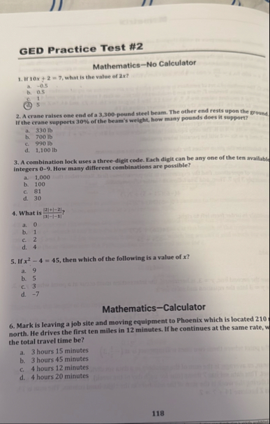 Solved GED Practice Test #2Mathematics-No CalculatorIf | Chegg.com