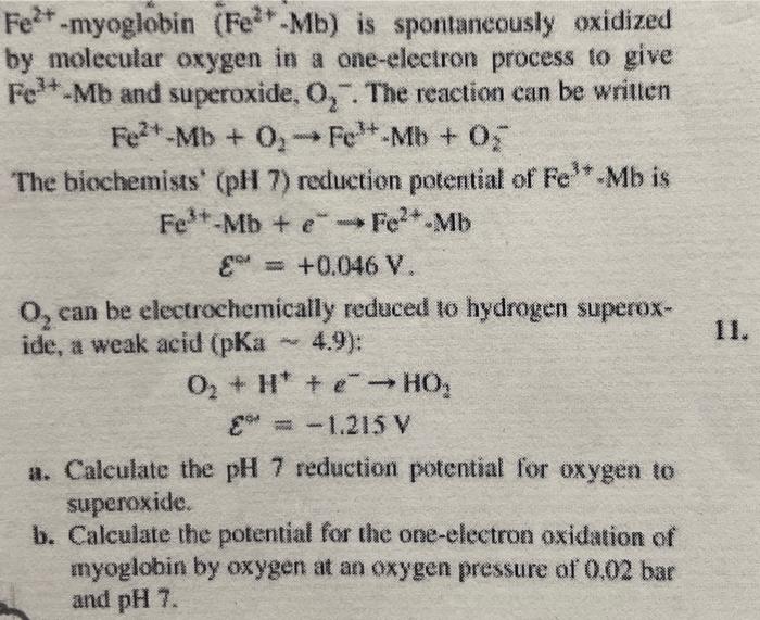 Solved Fe2+-myoglobin ( Fe2+−Mb ) is spontaneously oxidized | Chegg.com
