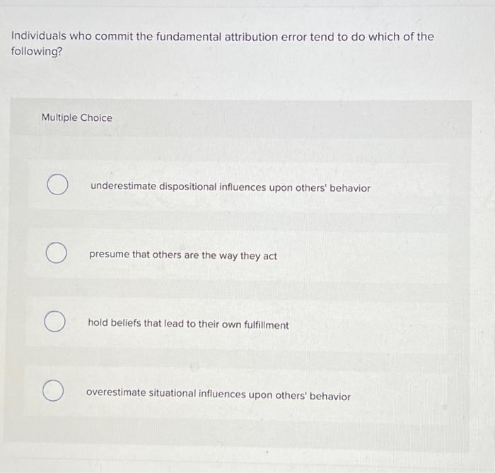 Solved Individuals who commit the fundamental attribution | Chegg.com