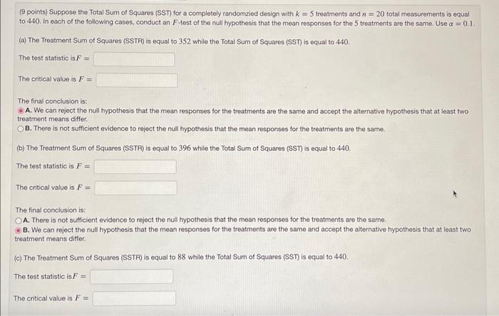 Solved (9 points) Suppose the Total Sum of Squares (SST) for | Chegg.com