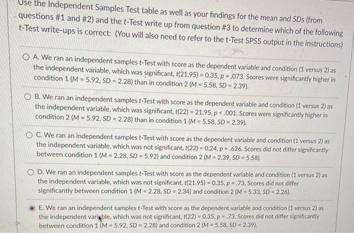 Use the Independent Samples Test table as well as | Chegg.com
