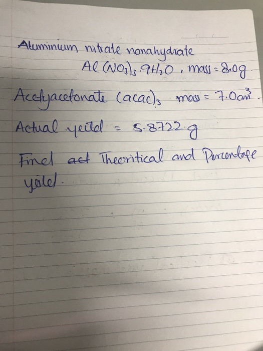 Solved Aluminium nitrate nonahydrate Al (NO3)₂.9th₂0, mass = | Chegg.com