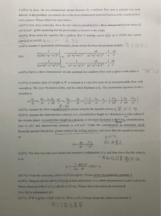 5.(20%) in class, the two-dimensional stream function | Chegg.com