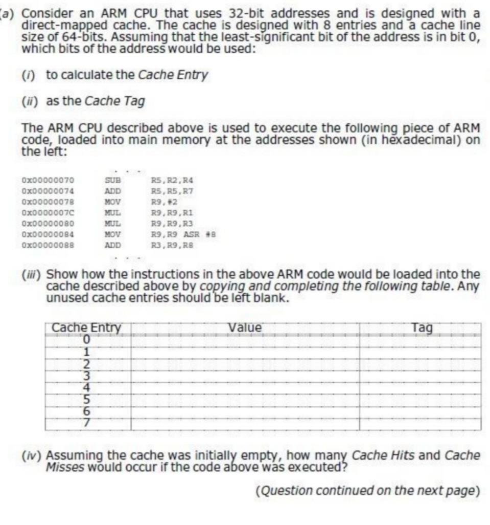 a) Consider an ARM CPU_that uses 32-bit addresses and | Chegg.com