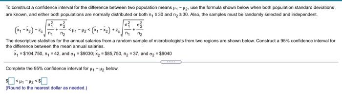 Solved To construct a confidence interval for the difference | Chegg.com