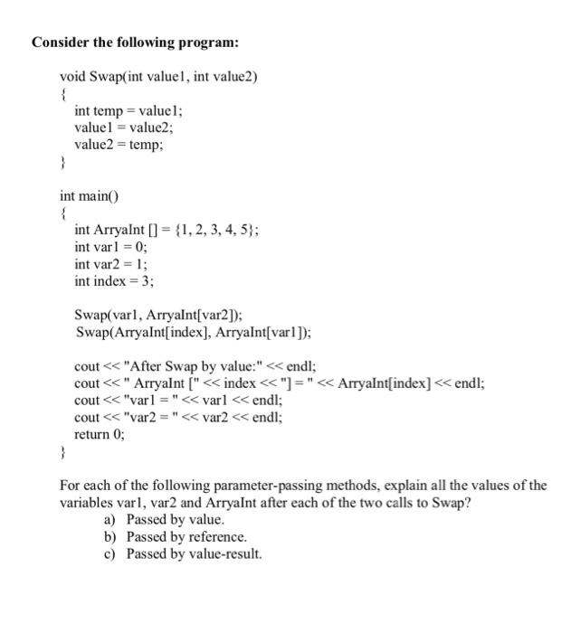 Solved Consider the following program: void Swap(int value | Chegg.com