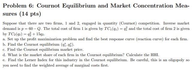 Solved Problem 6: Cournot Equilibrium and Market | Chegg.com