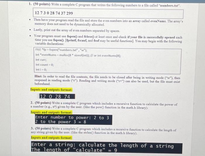 Solved 1. (50 points) Write a complete C program that writes | Chegg.com