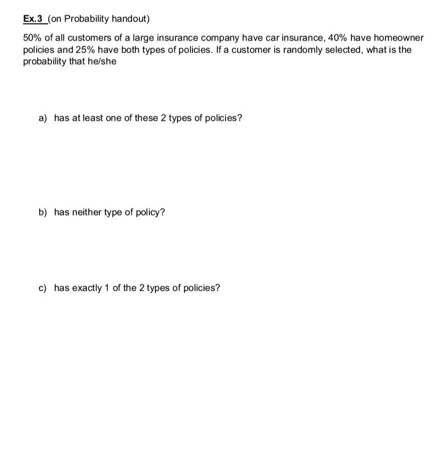 Solved Ex.3 (on Probability handout) 50% of all customers of | Chegg.com