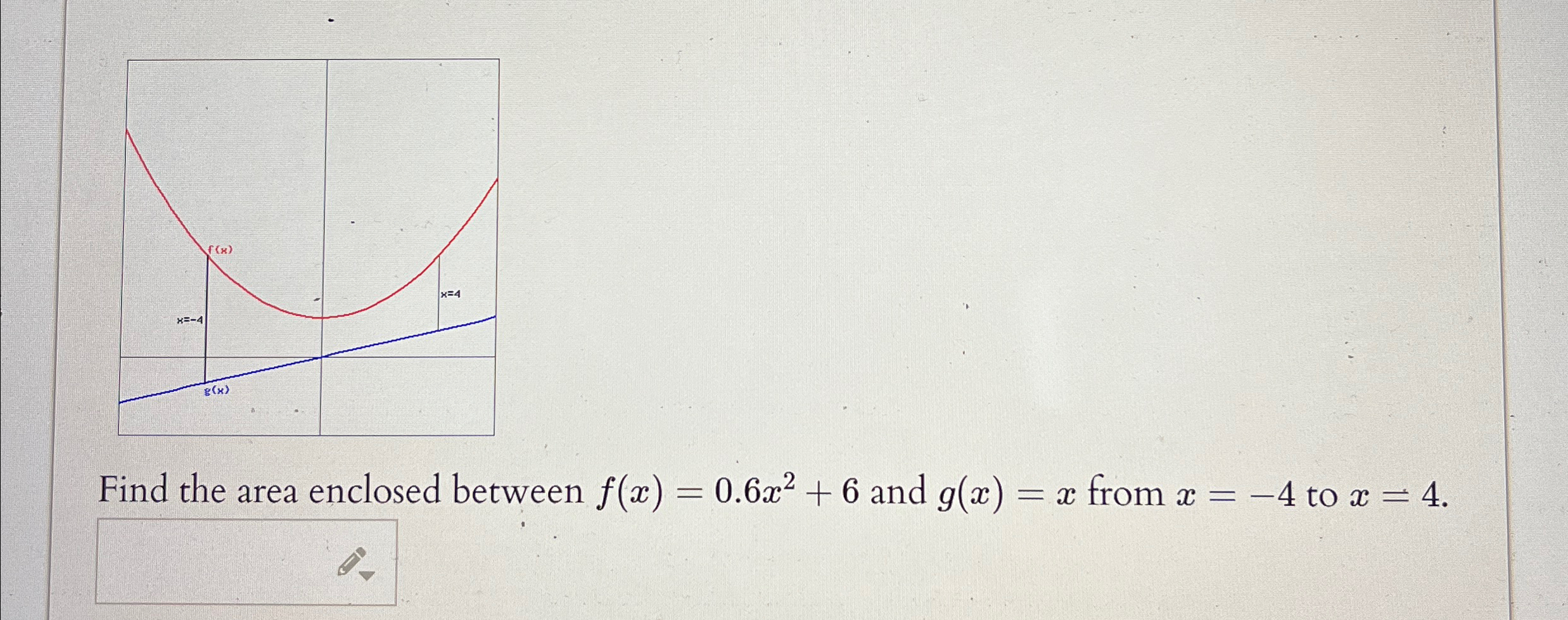 Solved Find the area enclosed between f(x)=0.6x2+6 ﻿and | Chegg.com