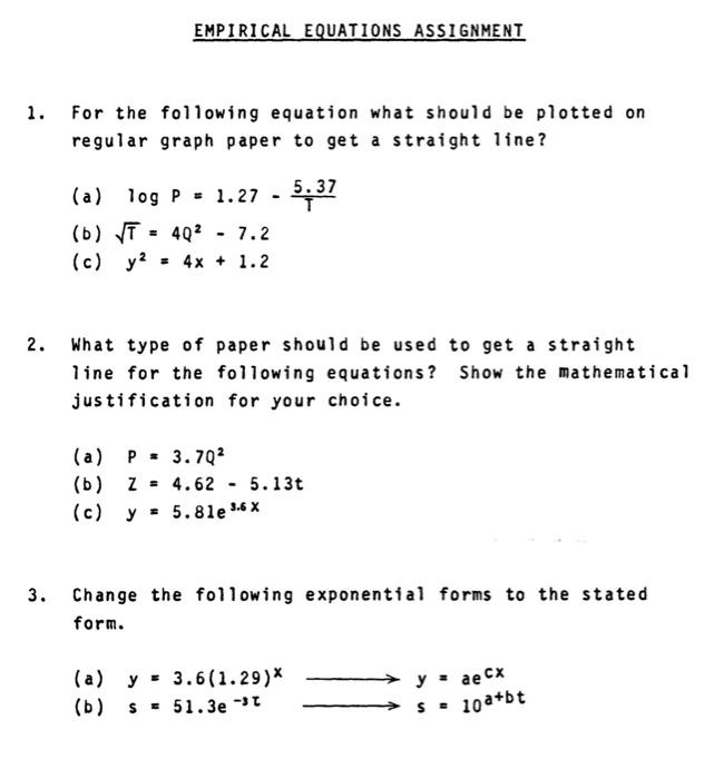 Solved EMPIRICAL EQUATIONS ASSIGNMENT 1. For the following | Chegg.com