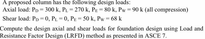 Solved A proposed column has the following design loads: | Chegg.com