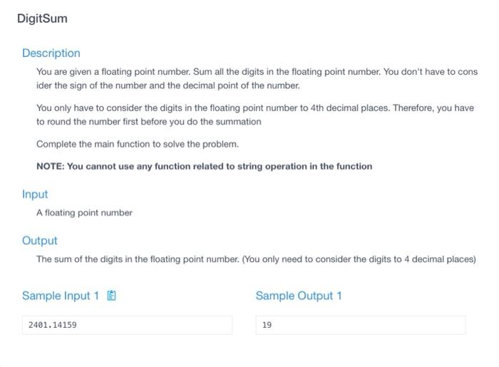 Solved DigitSum Description You are given a floating point | Chegg.com