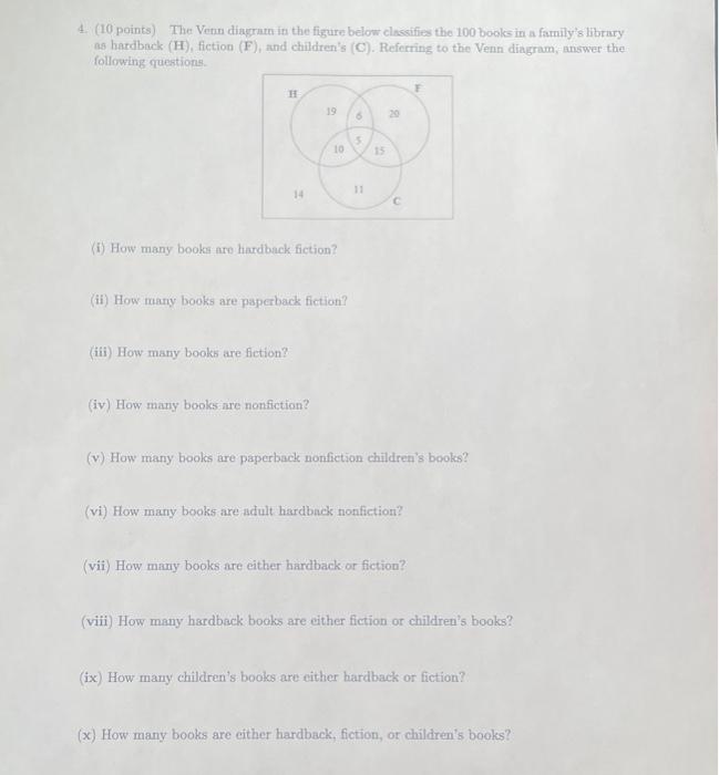 Solved 4. (10 points) The Venn diagram in the figure below | Chegg.com