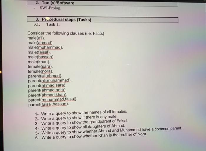 Solved 2. Tool(s)/Software SWI-Prolog 3. Procedural steps | Chegg.com