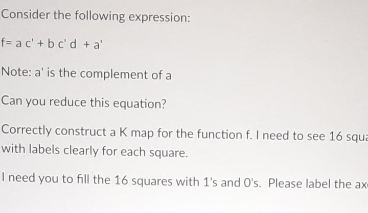 Solved Consider the following expression: f= a c' + b c d + | Chegg.com