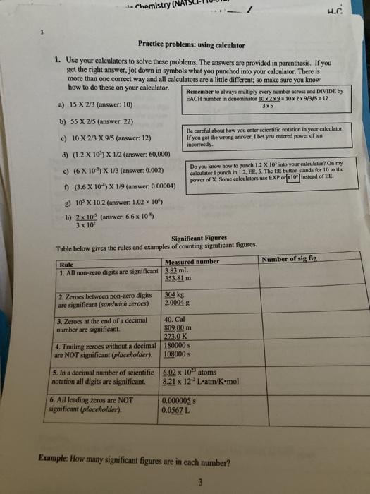 Solved - Chemistry (N H.C Practice problems using calculator | Chegg.com