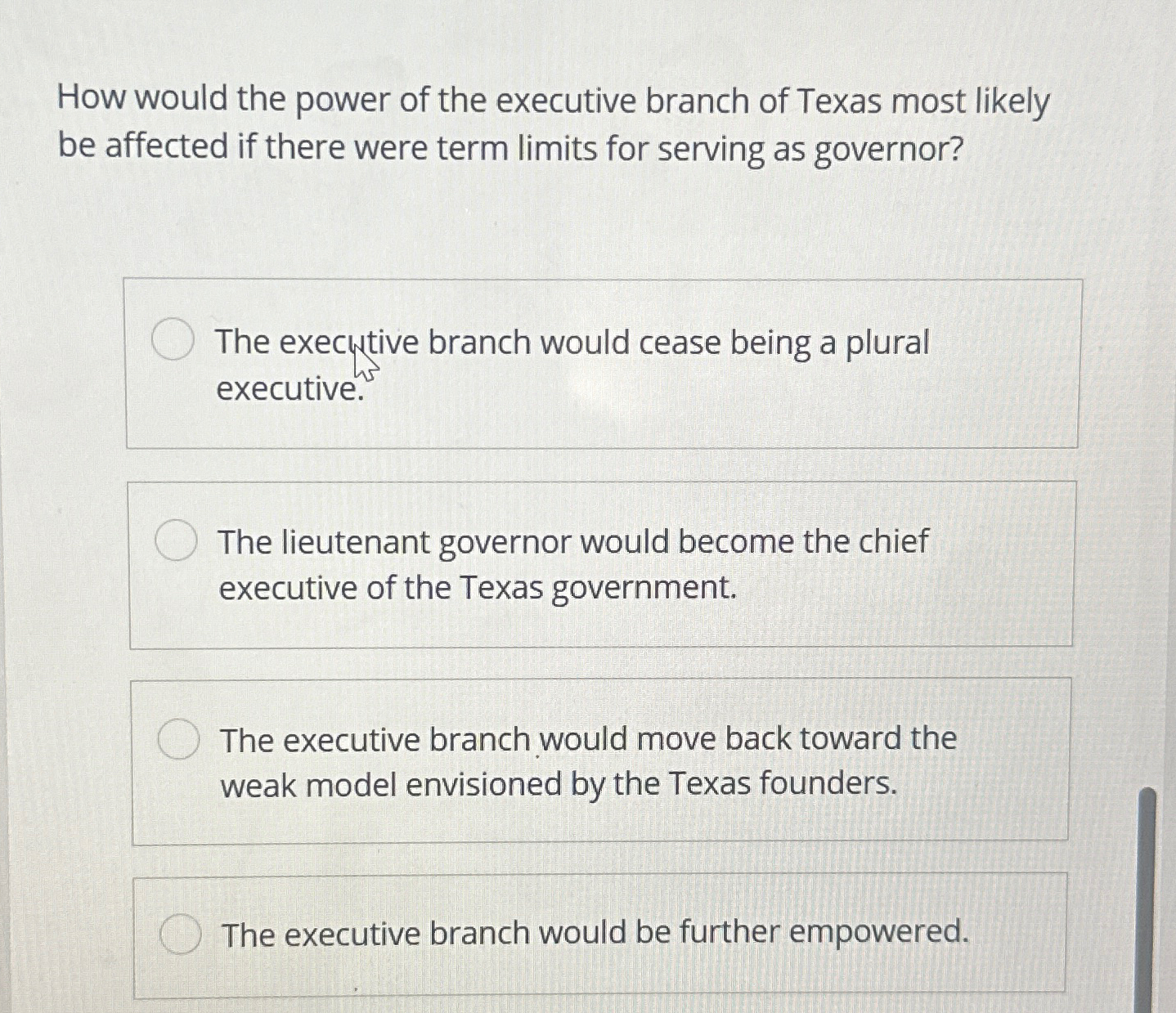 Solved How would the power of the executive branch of Texas | Chegg.com