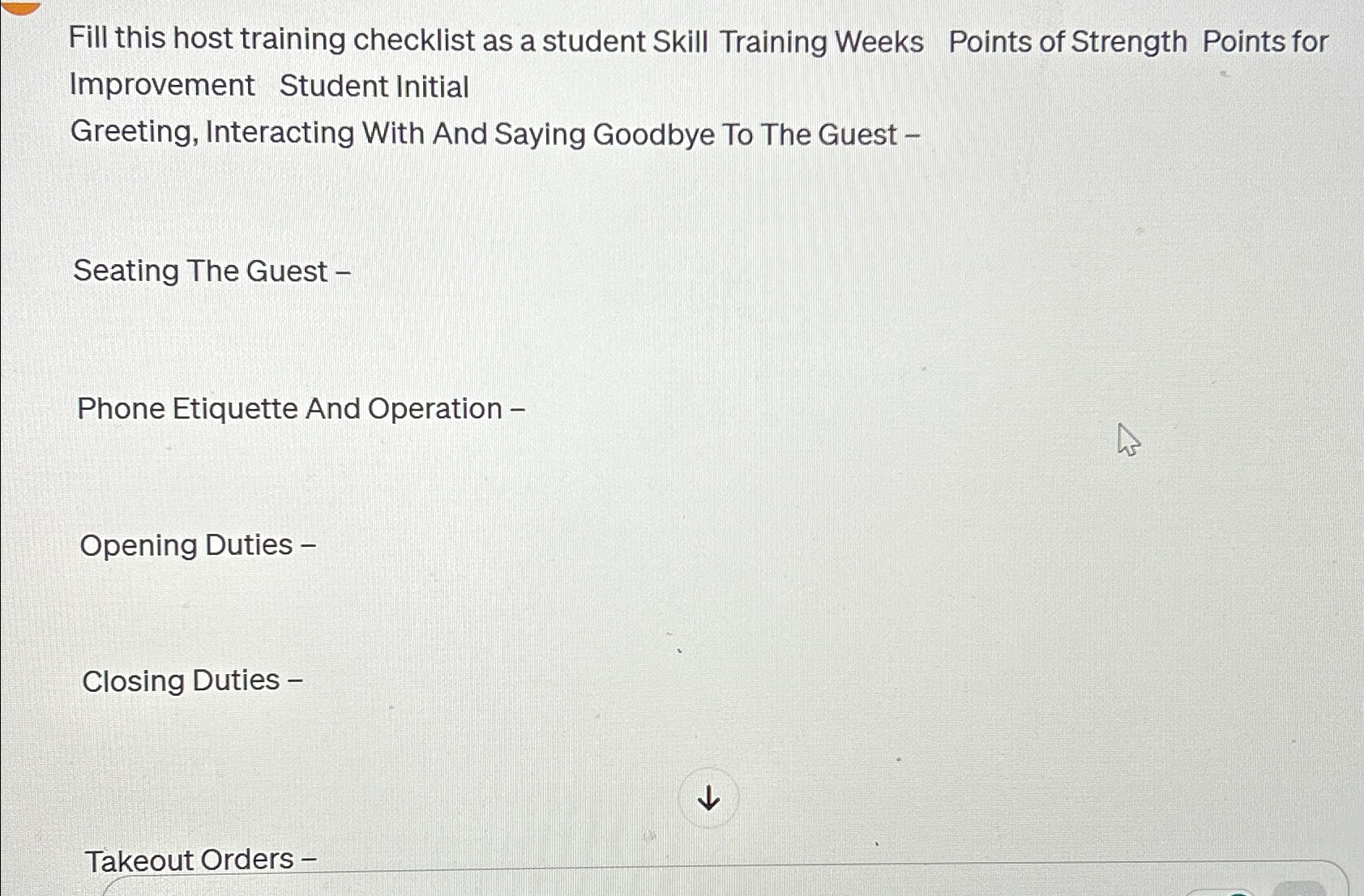 Solved Fill this host training checklist as a student Skill | Chegg.com