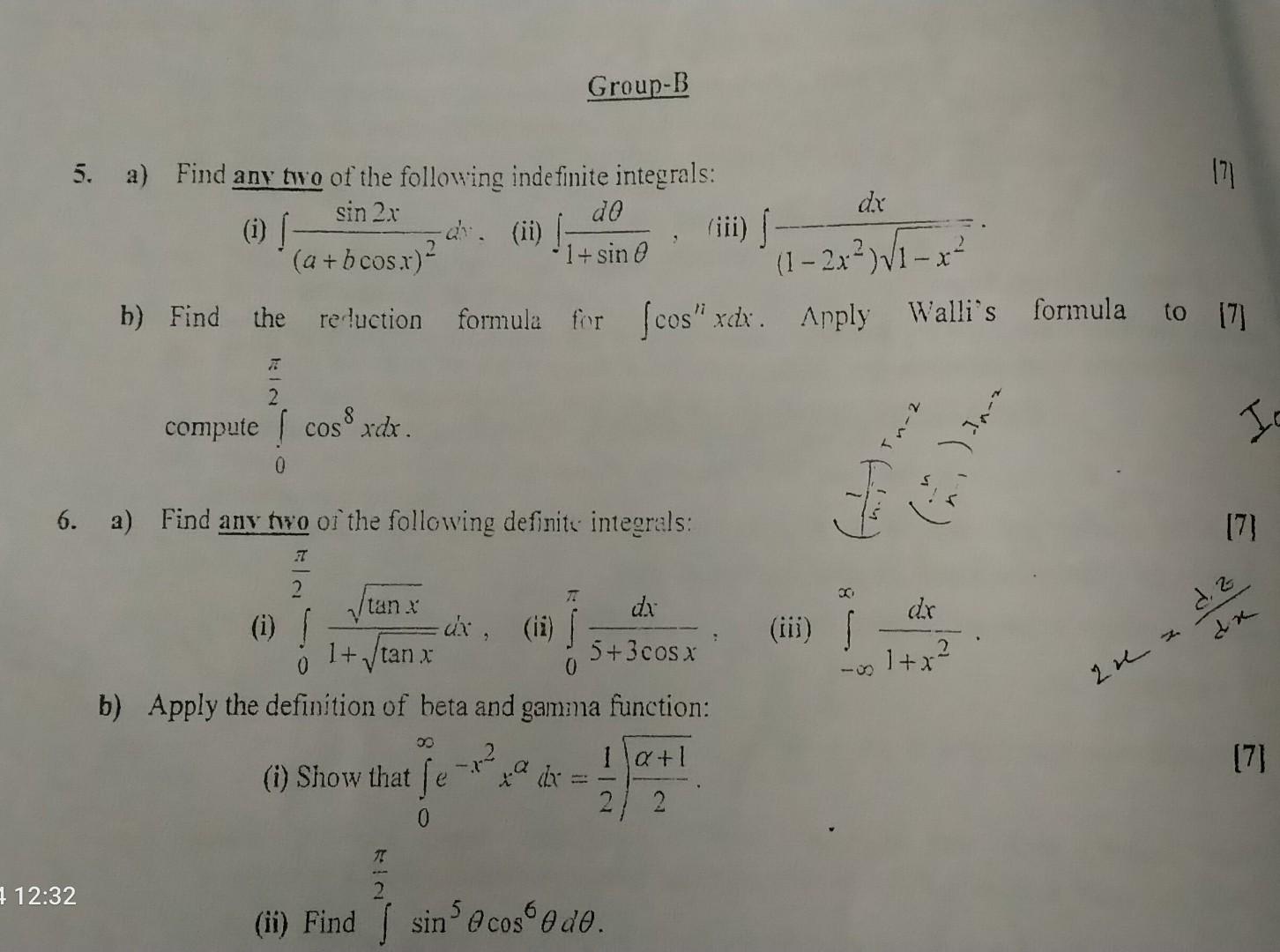 Solved 5. a) Find any two of the following inde finite | Chegg.com
