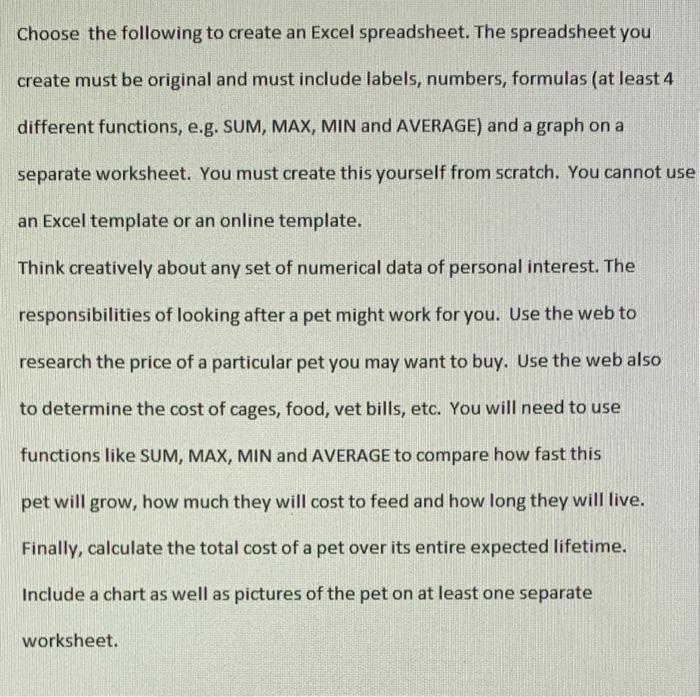 Choose the following to create an Excel spreadsheet. | Chegg.com