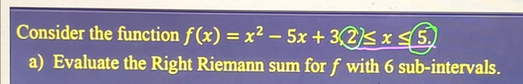 Solved Consider the function f(x)=x2-5x+3,2≤x≤5.a) ﻿Evaluate | Chegg.com
