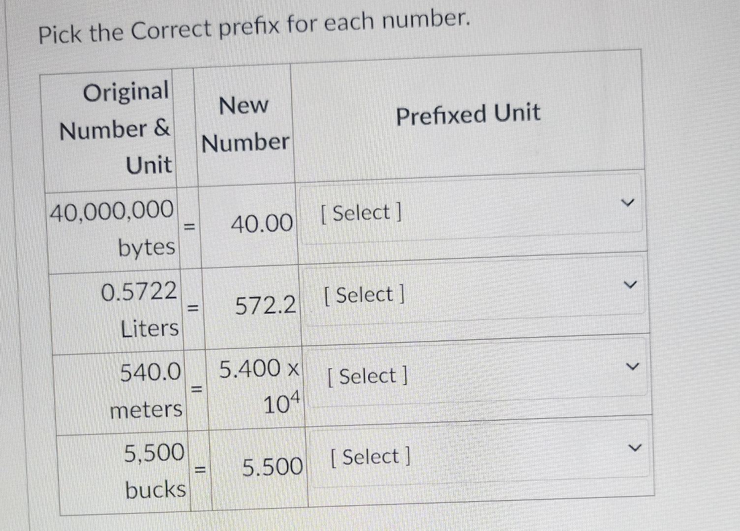 Solved Pick the Correct prefix for each number. | Chegg.com