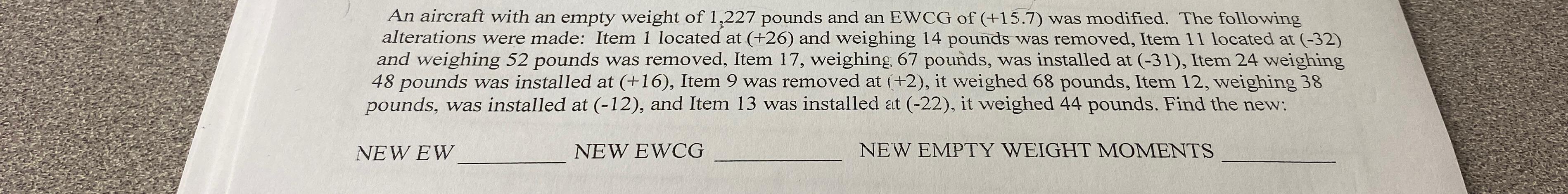 Solved An aircraft with an empty weight of 1,227 ﻿pounds and | Chegg.com