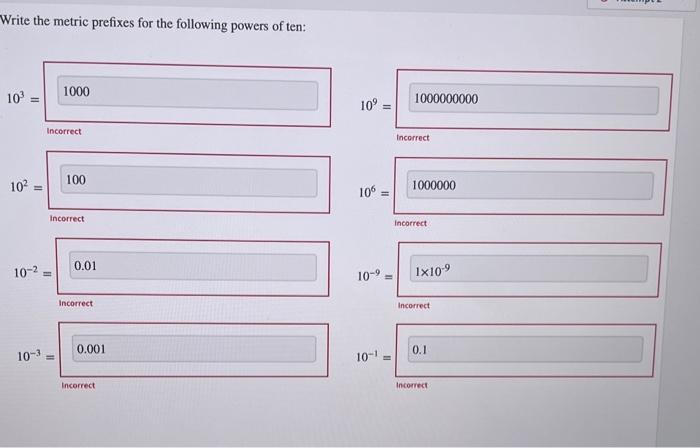 Solved Write the metric prefixes for the following powers of | Chegg.com