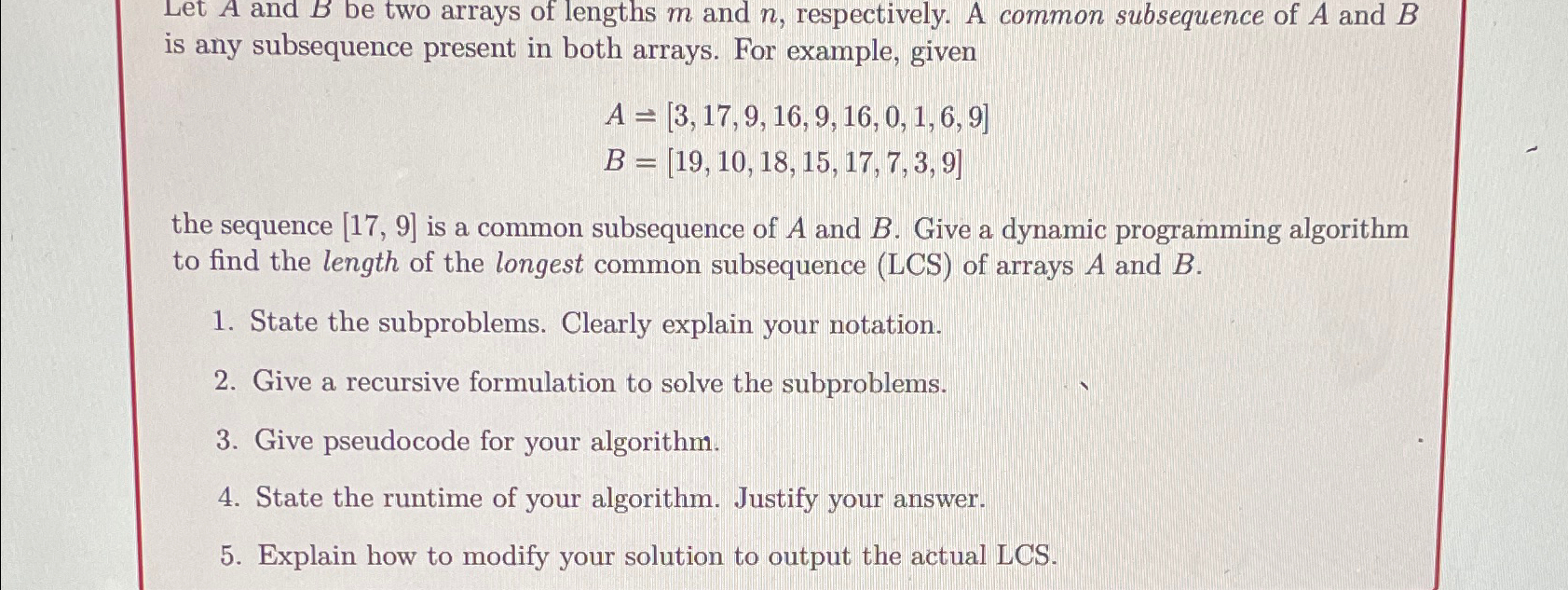 Solved Let A and B ﻿be two arrays of lengths m ﻿and n, | Chegg.com