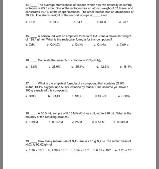 Solved 14 The average atomic mass of copper, which has two | Chegg.com