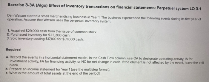 Solved Exercise 3-3A (Algo) Effect of inventory transactions | Chegg.com