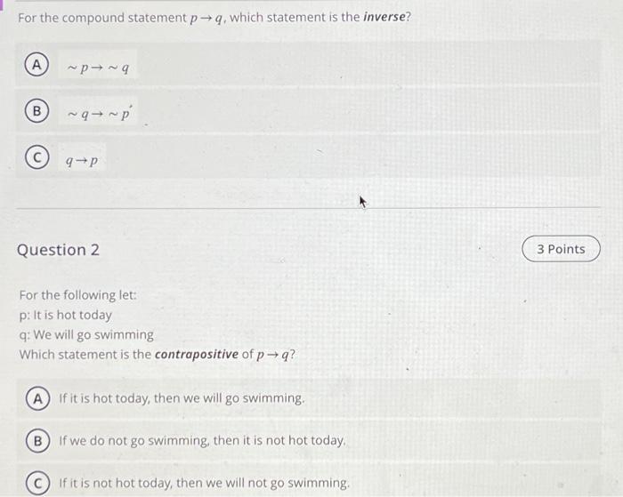 Solved For the compound statement p→q, which statement is | Chegg.com