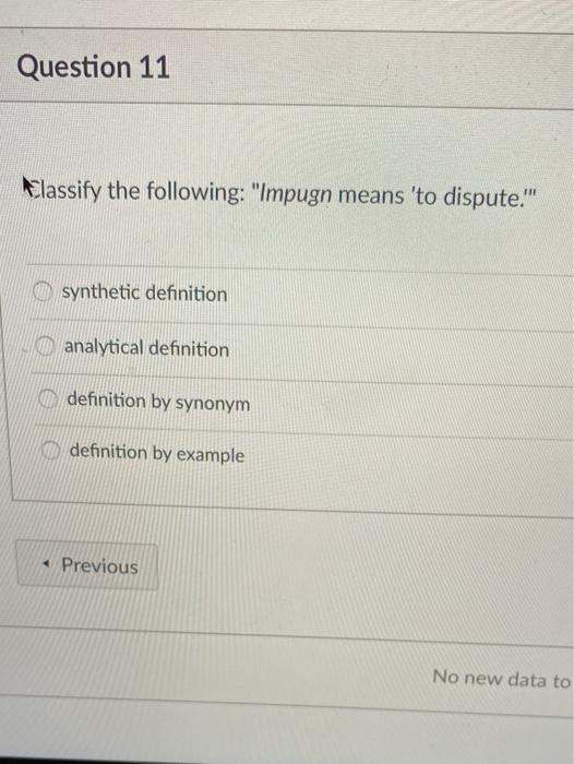 Solved Question 11 Elassify the following: "Impugn means 'to | Chegg.com