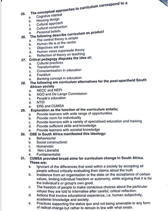 1. Curriculum on paper is known as; a. Curriculum in | Chegg.com