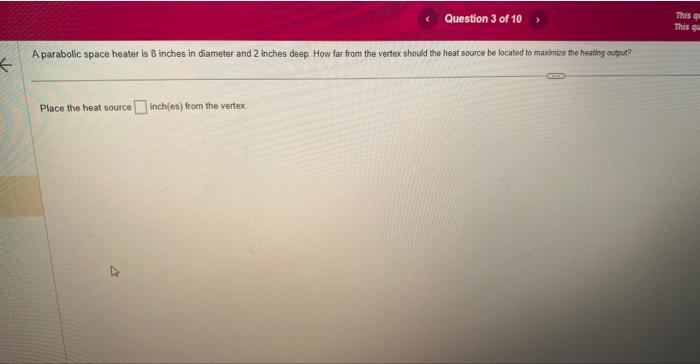 Solved A parabolic space heater is 8 inches in diameter and | Chegg.com