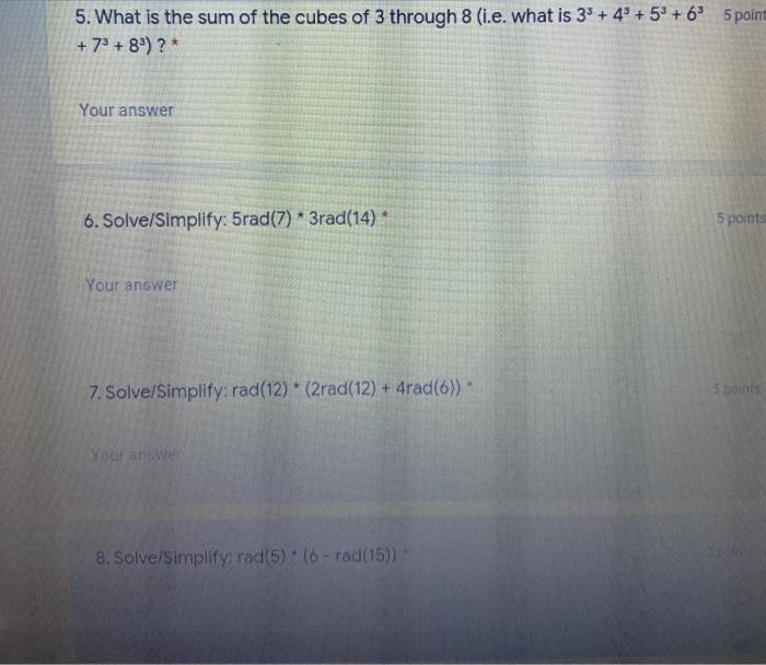 Solved 1. Solve/Simplify: rad^3(729) Your answer 2. | Chegg.com