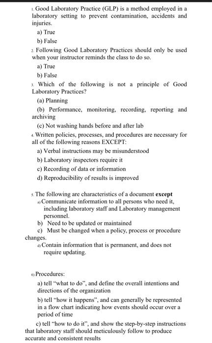 Solved 1. Good Laboratory Practice (GLP) is a method | Chegg.com