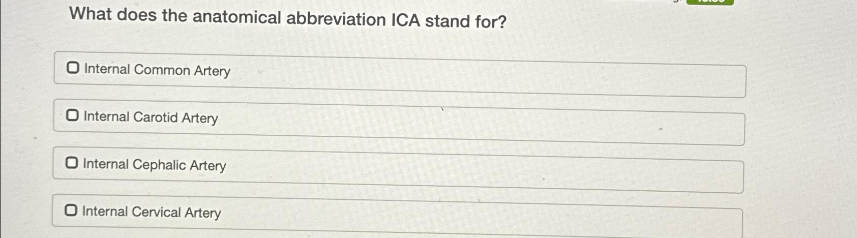 Solved What does the anatomical abbreviation ICA stand | Chegg.com