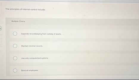Solved The principles of internal control include:Muitiple | Chegg.com