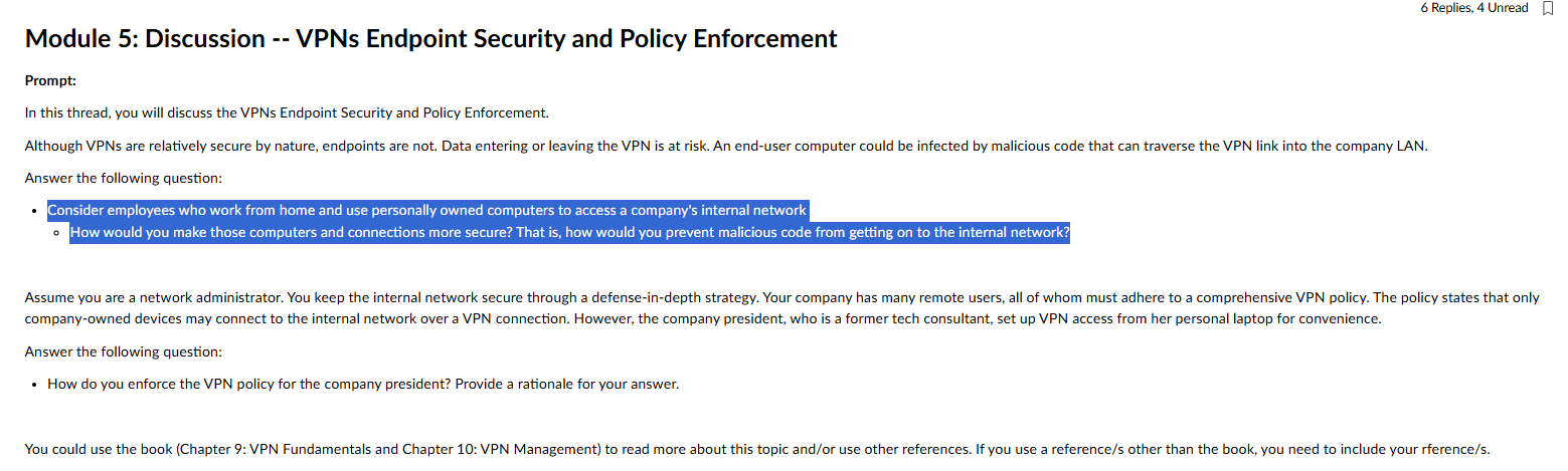 Solved Module 5: Discussion -- ﻿VPNs Endpoint Security and | Chegg.com