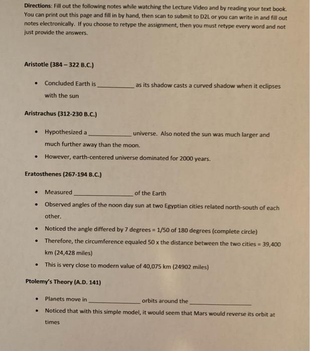 Solved Directions: Fill out the following notes while | Chegg.com