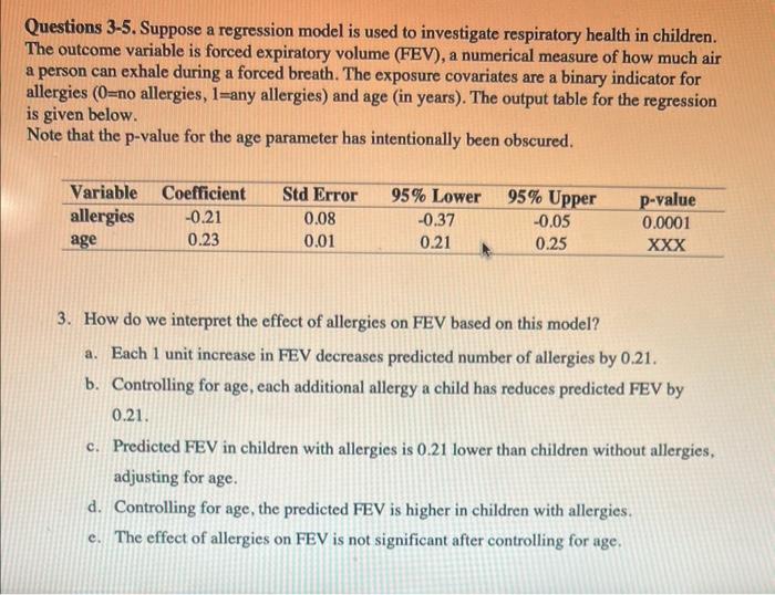 Solved How do we interpret the effect of allergies on FEV | Chegg.com