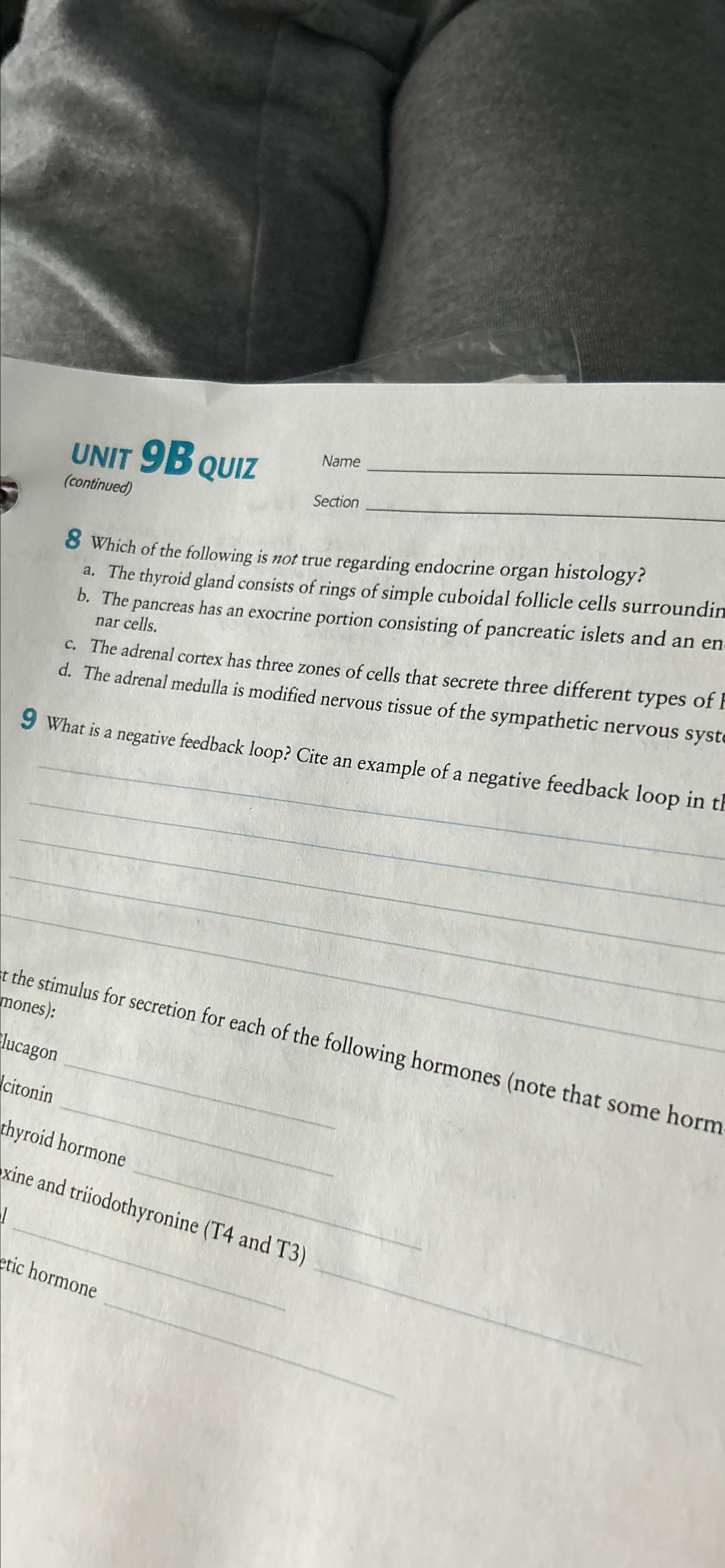 UNIT 9B ﻿QUIZ(continued)NameSection8 ﻿Which of the | Chegg.com