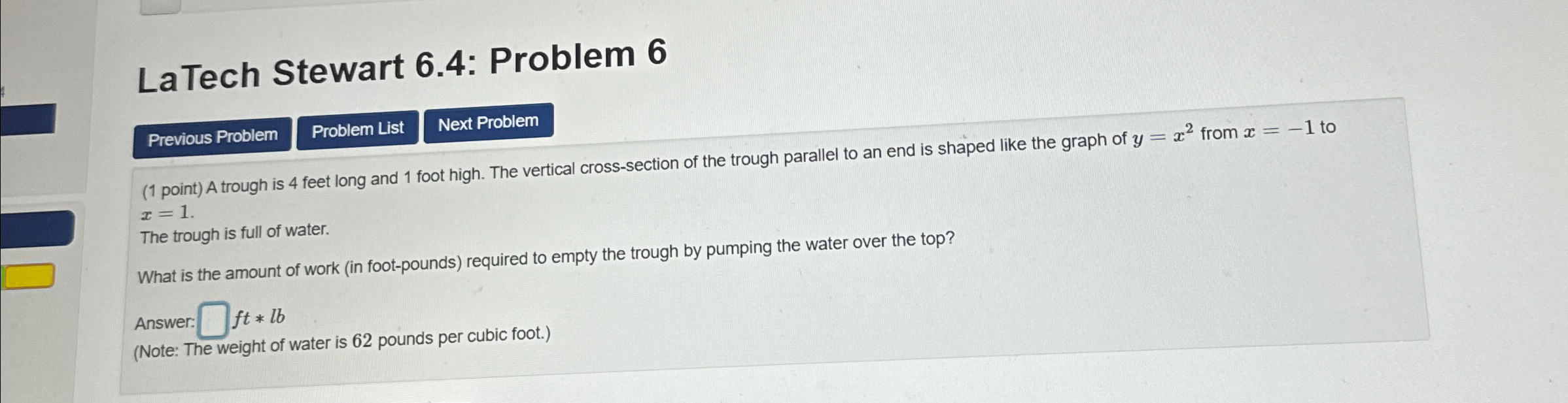 Solved LaTech Stewart 6.4: Problem 6 (1 ﻿point) ﻿A trough | Chegg.com